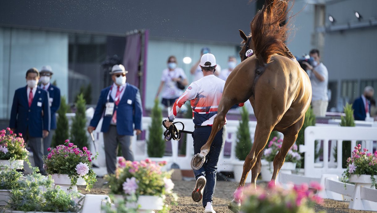 Olympic showjumping trot-up: two held, with British horses in high spirits