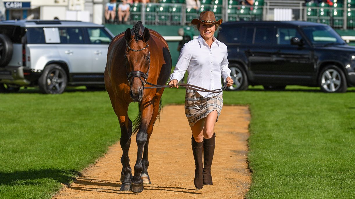 Burghley Horse Trials trot-up photos: a cowgirl and a leopard print hat