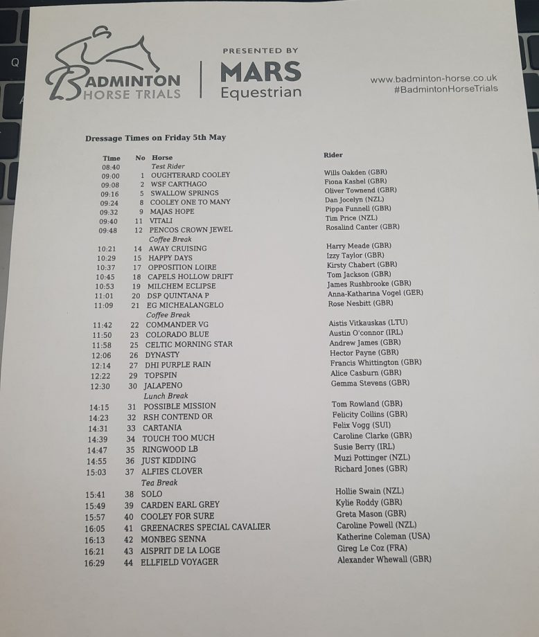 Badminton Horse Trials dressage times revealed for 2023 event